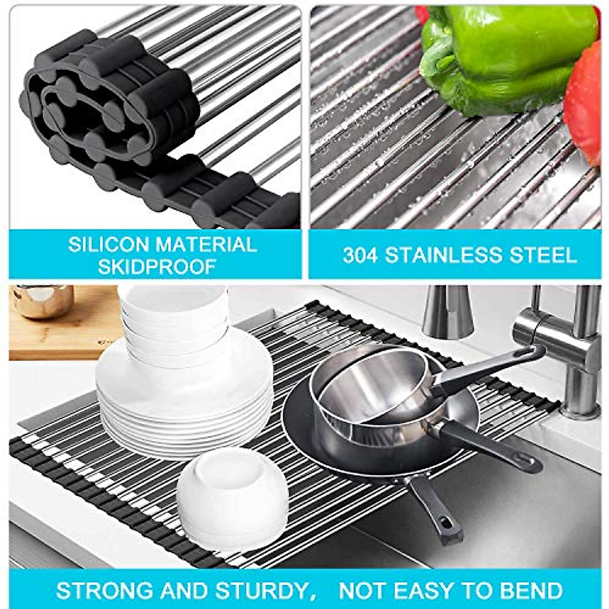 G-TING Dish Drying Rack 17.6" x 16", Over Sink Roll Up Large Dish Drainers Rack, Multipurpose Foldable Kitchen Sink Rack Mat Stainless Steel with Silicone Rims for Dishes, Cups, Fruits Vegetables