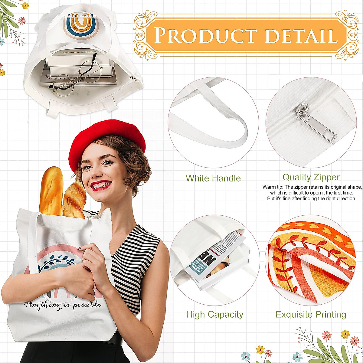 Woanger 10 Pcs Employee Appreciation Gifts Inspirational Canvas Tote Bags Rainbow Bags for Staff Thank You Gifts(Rustic Style)