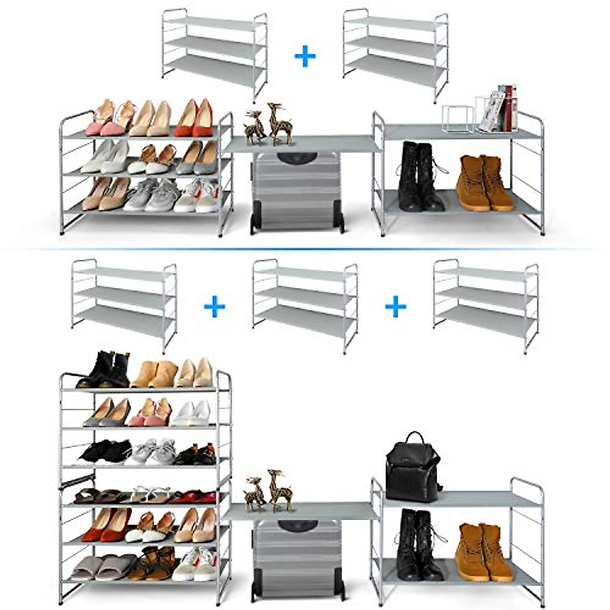 Simple Trending 3-Tier Stackable Shoe Rack, Expandable & Adjustable Fabric Shoe Shelf Storage Organizer,Silver