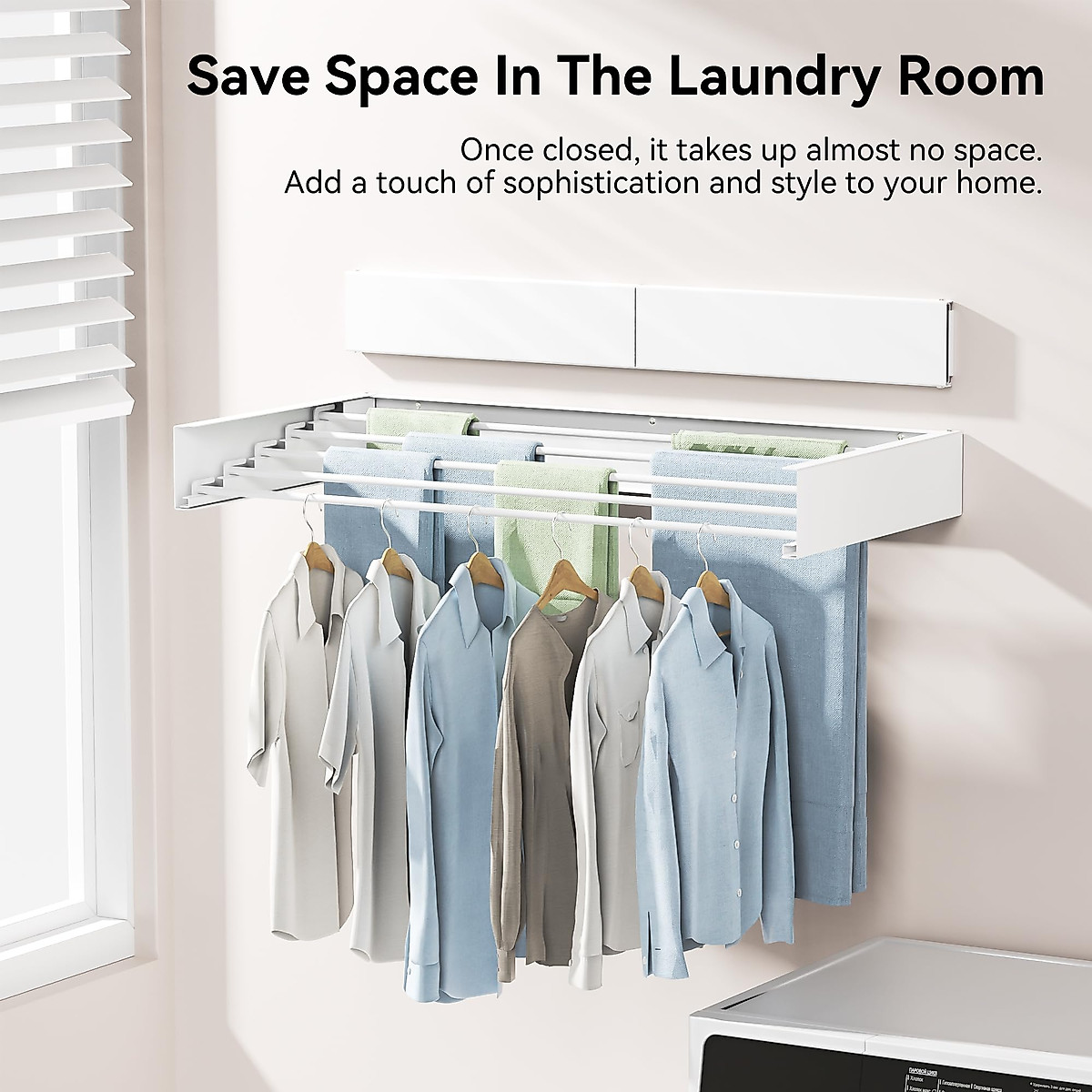 Wall Mounted Clothes Drying Rack, Laundry Drying Rack Collapsible,31.5" Wide,5 Aluminum Rods, 60 lb Capacity, Laundry Racks for Drying Clothes with Wall Template,for Indoor & Outdoor Organization