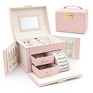 MUEUSS Jewelry Organizer Box for Girls Women Ideal Gift, Travel Portable Jewelry Case with Mirror and Lock For Necklace Earrings Rings Bracelets(Pink)