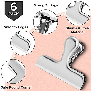 6 Pack Silver Bag Clips for Food Packages, Chip Clips Bag Clips Food Clips, Stainless Steel Heavy Duty Bag Clips for Food, Office Kitchen Home Usage Storage