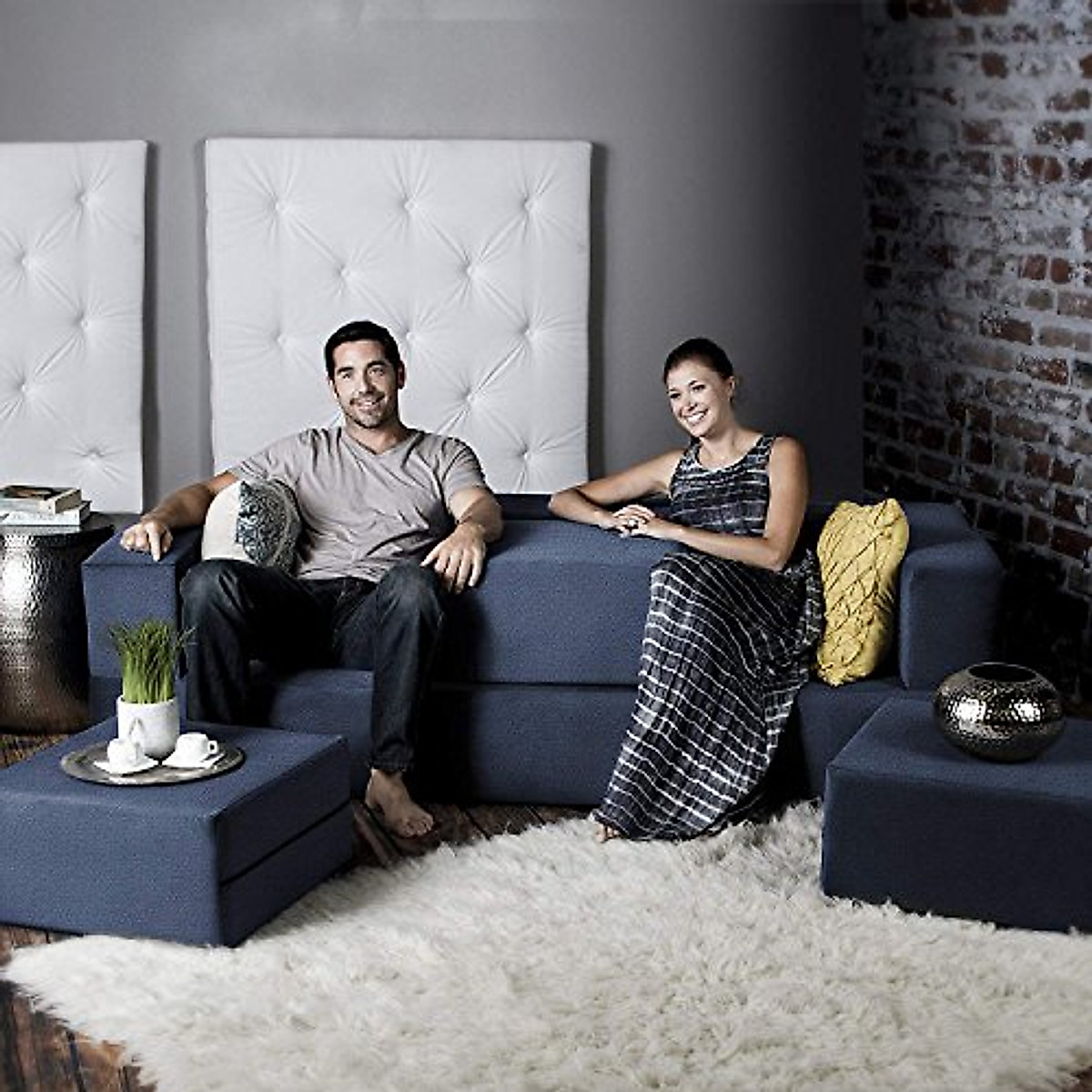 Jaxx Zipline Convertible Sleeper Sofa & Three Ottomans/California King-Size Bed, Marine