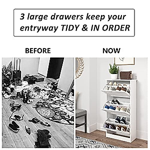 Sweiko Narrow Shoe Cabinet with 3 Flip Drawers Freestanding Shoe Cabinet Organizer with Hidden Handle Wooden Shoe Rack Storage Cabinet for Entryway Hallway Bedroom Living Room White