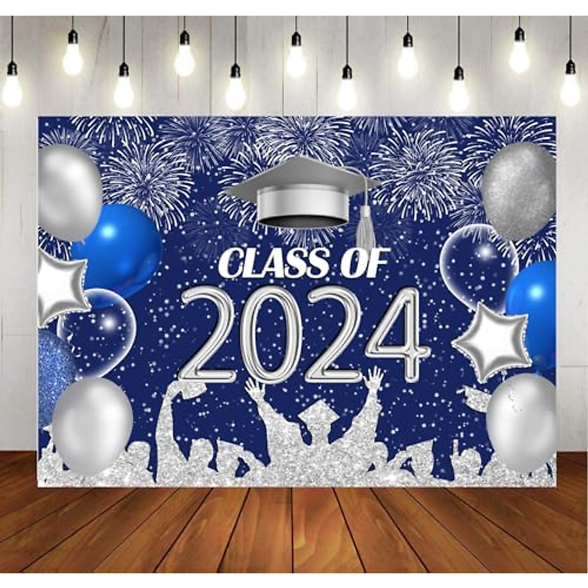 LYCGS 7X5ft Graduation Backdrop Navy Blue and Silver 2024 Graduation Party Backdrop for Class Celebration Graduation Prom Party Decor Supplies Photo Booth Banner X-52