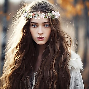 Vivivalue Pearl Flower Crown Floral Garland Headband Flower Halo Headpiece Hair Wreath Boho with Ribbon Party Wedding Festival Photos Pink