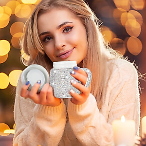 Meanplan Bling Rhinestone Coffee Mug for Christmas Gift Bling Water Bottle Rhinestone Ceramic Portable Travel Cup Crystal Coffee Cup with Lid and Handle for Women Office Home 13.5 oz (White)