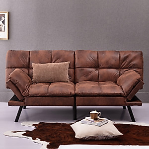 Anwick Convertible Memory Foam Futon Couch Bed, Leather Futon Sofa Bed, Folding Modern Sleeper Sofa with Quick Adjustable Armrest and Backrest for Studio Apartment/Home Office/Small Space (Brown)
