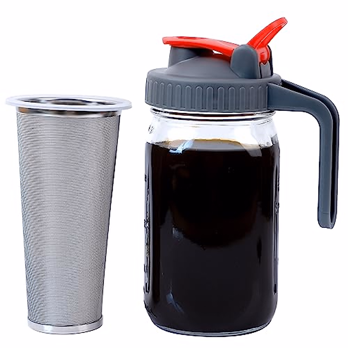 GMSWEET Cold Brew Coffee Maker Mason Jar 32 OZ Wide Mouth Cold Brew Pitcher With Pour Spout Handle Lid And Brew Filter For Iced Coffee, Iced Tea, Lemonade And Beverages