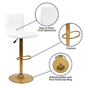Flash Furniture Vincent Modern White Vinyl Adjustable Bar Stool with Back, Counter Height Swivel Stool with Gold Pedestal Base, Set of 2
