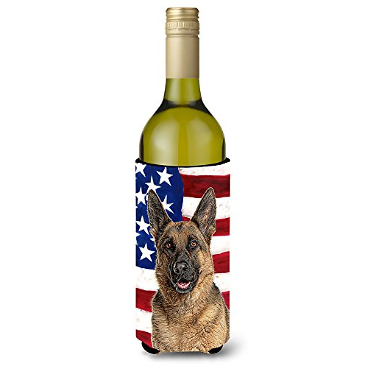 Caroline's Treasures KJ1159LITERK USA American Flag with German Shepherd Wine Bottle Hugger Bottle Cooler Sleeve Hugger Machine Washable Collapsible Insulator Beverage Insulated Holder