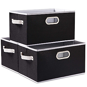 PRANDOM Large Collapsible Storage Bins for Closet [3-Pack] Decorative Fabric Storage Baskets Cubes with Leather/Metal Handles for Shelves Bedroom Living Room Black (14.9x9.8x8.3 Inch)