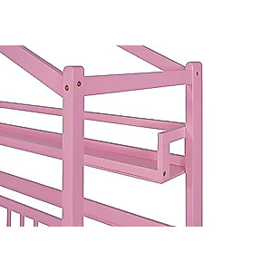 BIADNBZ Twin Size House Bed with Trundle and Storage Shelves, Wooden Kids Montessori Bed Playhouse w/Roof & Fence Rails, Tent Platform Bedframe for Girls Boys Teens,Pink