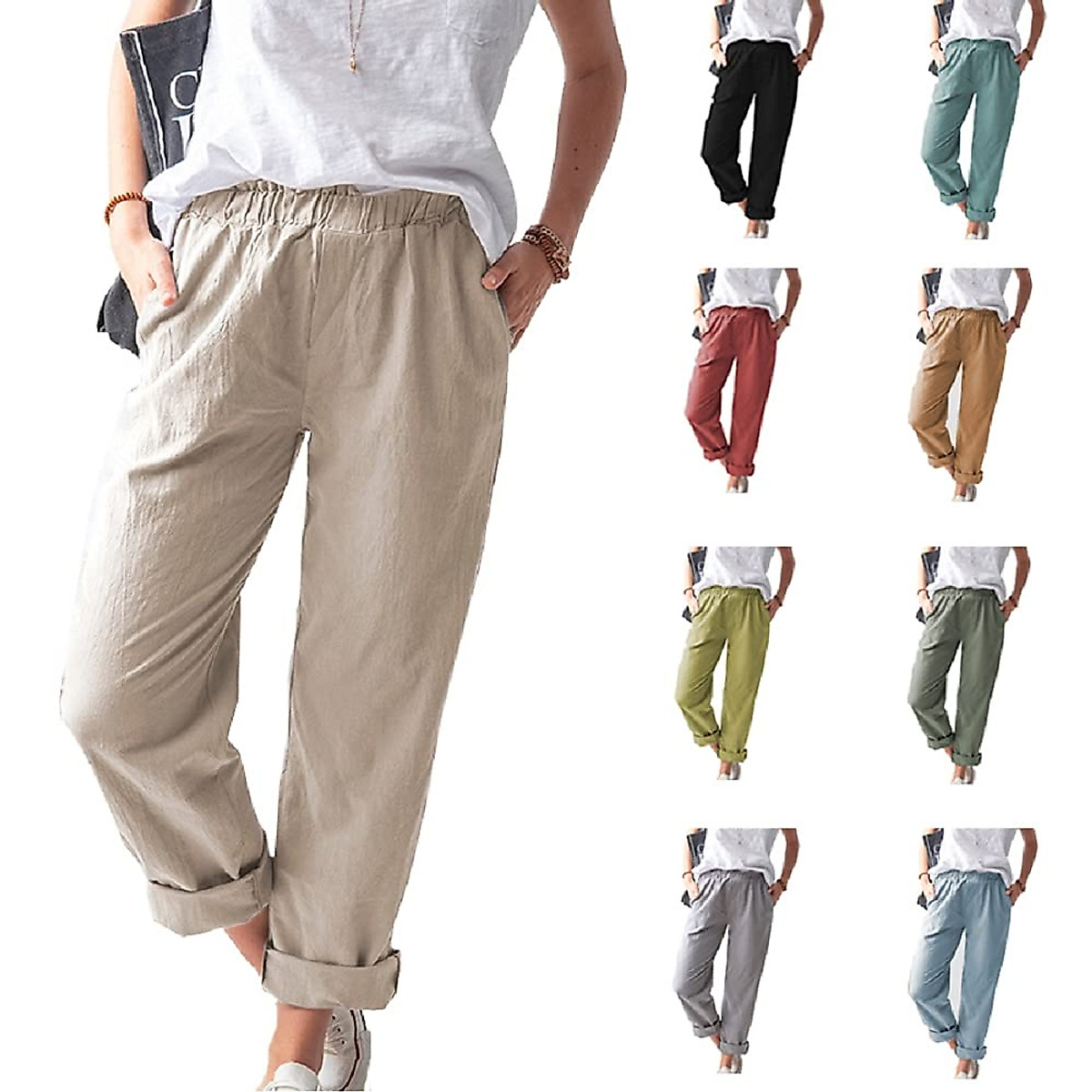 Women's Straight Pants Elastic Waist Trousers Casual lounge pants women for Work with Pockets Khaki