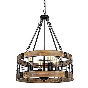 ACNKTZ Farmhouse Rustic Chandelier Light Fixture, 4-Light Round Hanging Pendant Lighting for Dining Room Entryway Kitchen Island Foyer Breakfast Area, Black Wood and Black Metal Finish