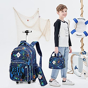 Meetbelify Rolling Backpack for Boys with Wheels Kids Travel Suitcase Laptop Luggage with Lunch Box Set for Boys Age 6-8