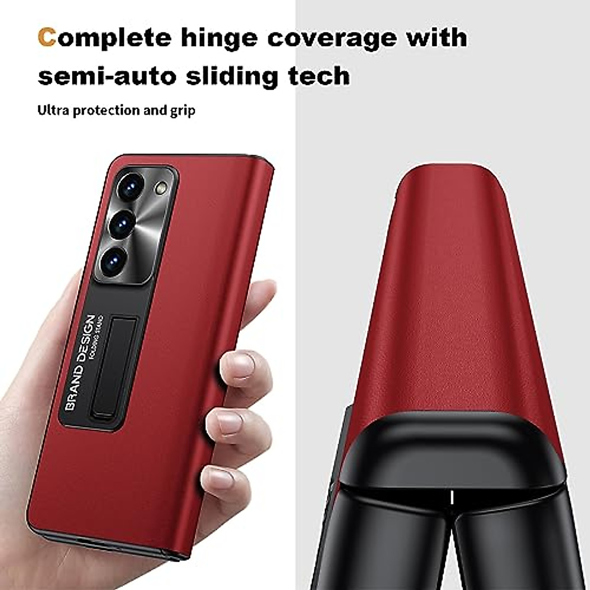 for Samsung Z-Fold-5 Cover: Genuine Leather Galaxy Fold 5 Kickstand Case[Hinge Protection][Screen Protector] Skin Felling - Durable Shockproof Protective Phone Case for Galaxy Fold 5 2023 - Red