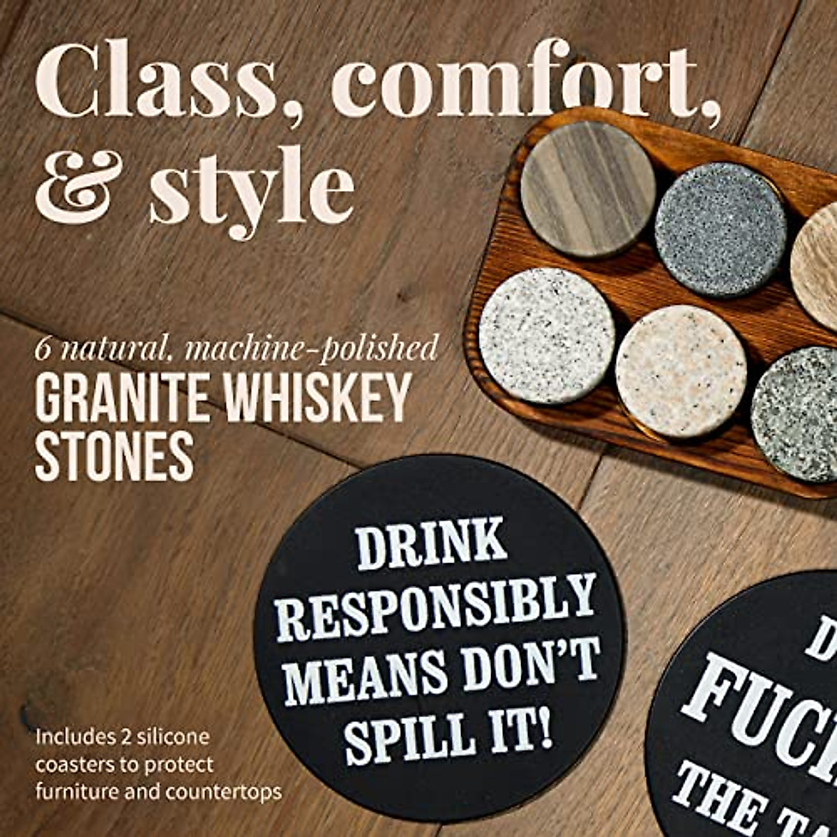 Mixology & Craft Whiskey Stones Set - 6 Circular Granite Bourbon Chilling Rocks - Great Whiskey Gifts for Men, Fathers, Groomsmen Gifts
