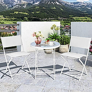 Tangkula 3 Pieces Folding Patio Bistro Set, No Assembly Required, Outdoor Folding Chairs & Table Set with Tempered Glass Tabletop, Outdoor Furniture Set for Garden, Poolside & Backyard (White)