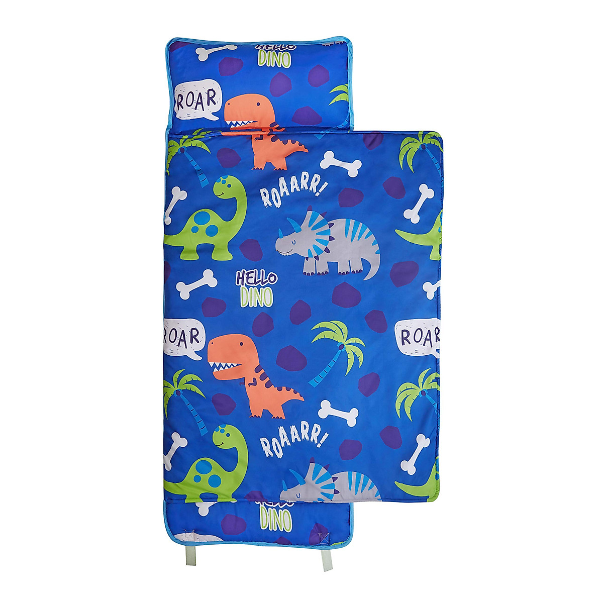 EVERYDAY KIDS Nap Mat with Removable Pillow - Roarin' Dinos - Carry Handle with Straps Closure, Rollup Design, Soft Microfiber for Preschool, Daycare, Travel Sleeping Bag - Ages 3-6 Years