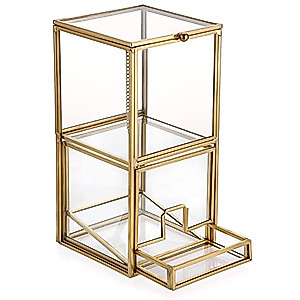 Hipiwe Gold Glass Qtip Holder with Lid 2 Compartments Cotton Balls Swab Organizer Cotton Round Pads Holder Makeup Pad Cosmetic Storage Case Q-tip Dispenser for Dresser Countertop