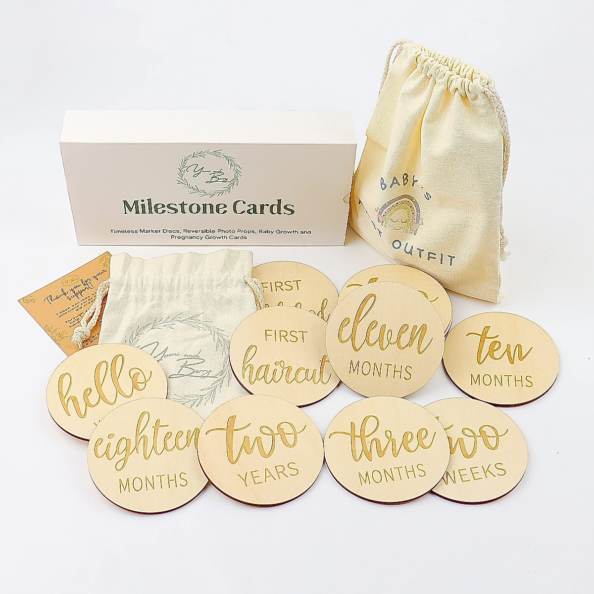 Yumi and Berry Baby Milestone Cards from Newborn to 2 Years Wooden Monthly Discs Comes with Hello World Sign Weekly Wood Dics - Month Signs (Wild Brave 15 Pieces Set) beige