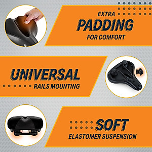 Bikeroo Bike Seat Cushion for Women - Universal Memory Foam Bicycle Seat for Mountain, Road, Exercise Bike - Comfortable Padded Bike Saddle Replacement w/Shock Springs, Black