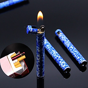 2pcs Torch Lighter, Mini Cylindrical Strip Refillable Gas Lighter, Portable Adjustable Soft Flame Lighter for Kitchen, Indoor,Outdoor,Grill,Camping(without Butane Gas)-Blue White Porcelain/Blue White