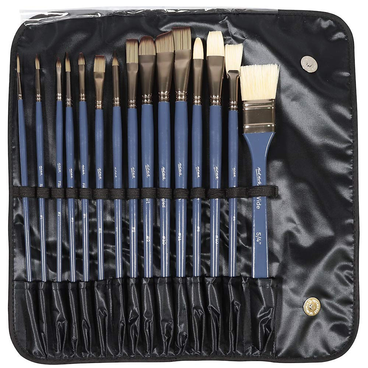 Mont Marte Premium Paint Brush Set 15 Piece, includes 15 Different Brushes in a Roll Case with Magnetic Closure, Suitable for Watercolour, Acrylic and Oil Painting
