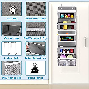Over the Door Hanging Organizer Clear with 5 Large Clear Window Nursery Closet Cabinet Baby Wall Mount Door Organizer Storage for Bedroom, Bathroom, Kitchen, Closet and Dorm with 17 Large Pockets Gray