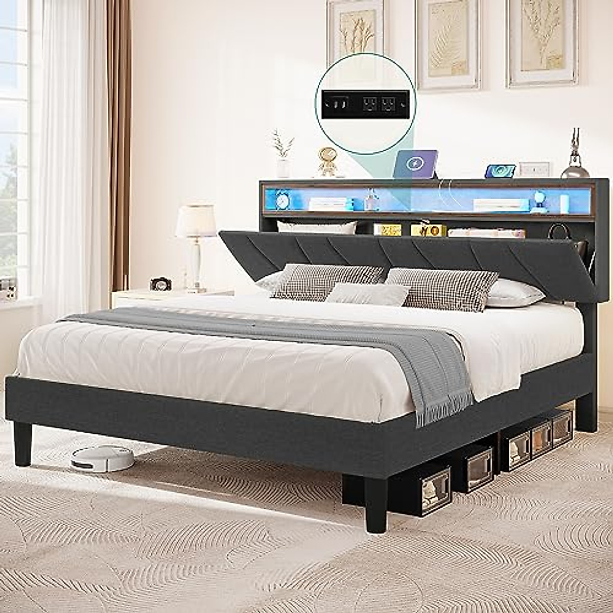 YITAHOME Queen Size Bed Frame, LED Bed Frame with Storage Upholstered Headboard, Platform Bed with Outlet & USB Ports, No Box Spring Needed, Easy Assembly, Grey
