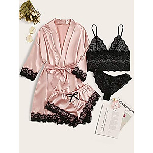 WDIRARA Women' Silk Satin Pajamas Set 4pcs Lingerie Floral Lace Cami Sleepwear with Robe Pink L