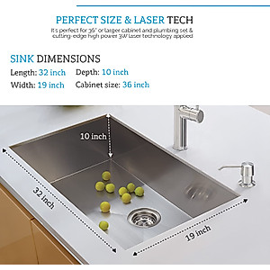 KABCO K-SSZRIS1 32 Inch 16 Guage Undermount kitchen sink Zero Radius Single Bowl stainless steel Finish kitchen sink 32"L X 19"W X 10"D Inch