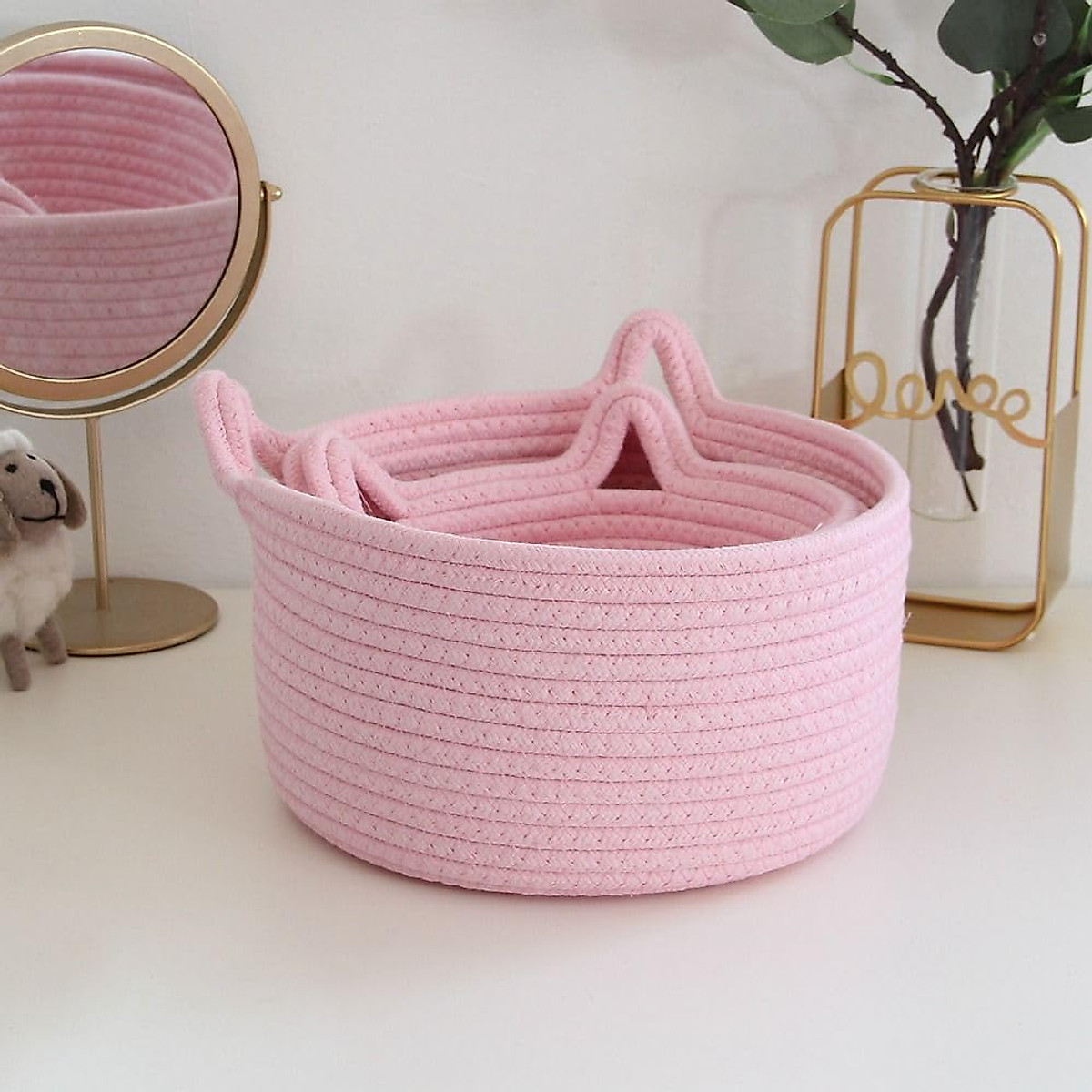 CHDHALTD Cotton Rope Woven Storage Basket,Small Basket Gift Baskets Toy Storage Basket Key Tray Living Room Bathroom Storage Basket(L,Pink)