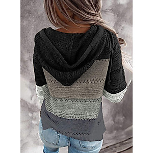 FEKOAFE Women's Cute Color Block V-Neck Long Sleeve Pullover Drawstring Hoodies Pullover Sweatshirts Black S