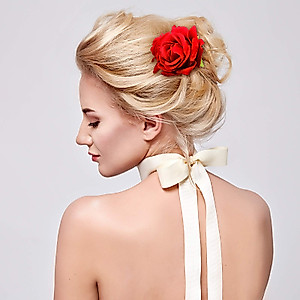 2 Pieces Women Rose Flower Hair Clip and Embroidered Sequins Fabric Handheld Folding Fan Hair Accessories for Flamenco Dancer Costume Accessories Girl Halloween Cosplay Party (Red)