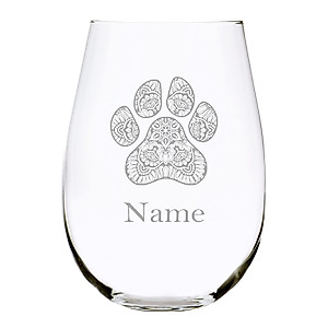 Pawprint with name stemless wine glass, 17 oz.