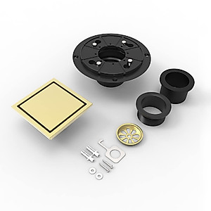WEBANG 4 Inch Shower Square Drain Gold Floor Drain with Flange Reversible 2-in-1 Cover Tile Insert Grate Removable SUS304 Stainless Steel CUPC Certified Brushed Gold Brass