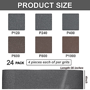 24 Pack 4 x 36 Inch Sanding Belts (120/240/ 400/600/ 800/1000 Grits) High Performance Aluminum Oxide Sander Belts Grinder Knife Sharpener Belt Kit for Woodworking Metal Wet/dry Polishing