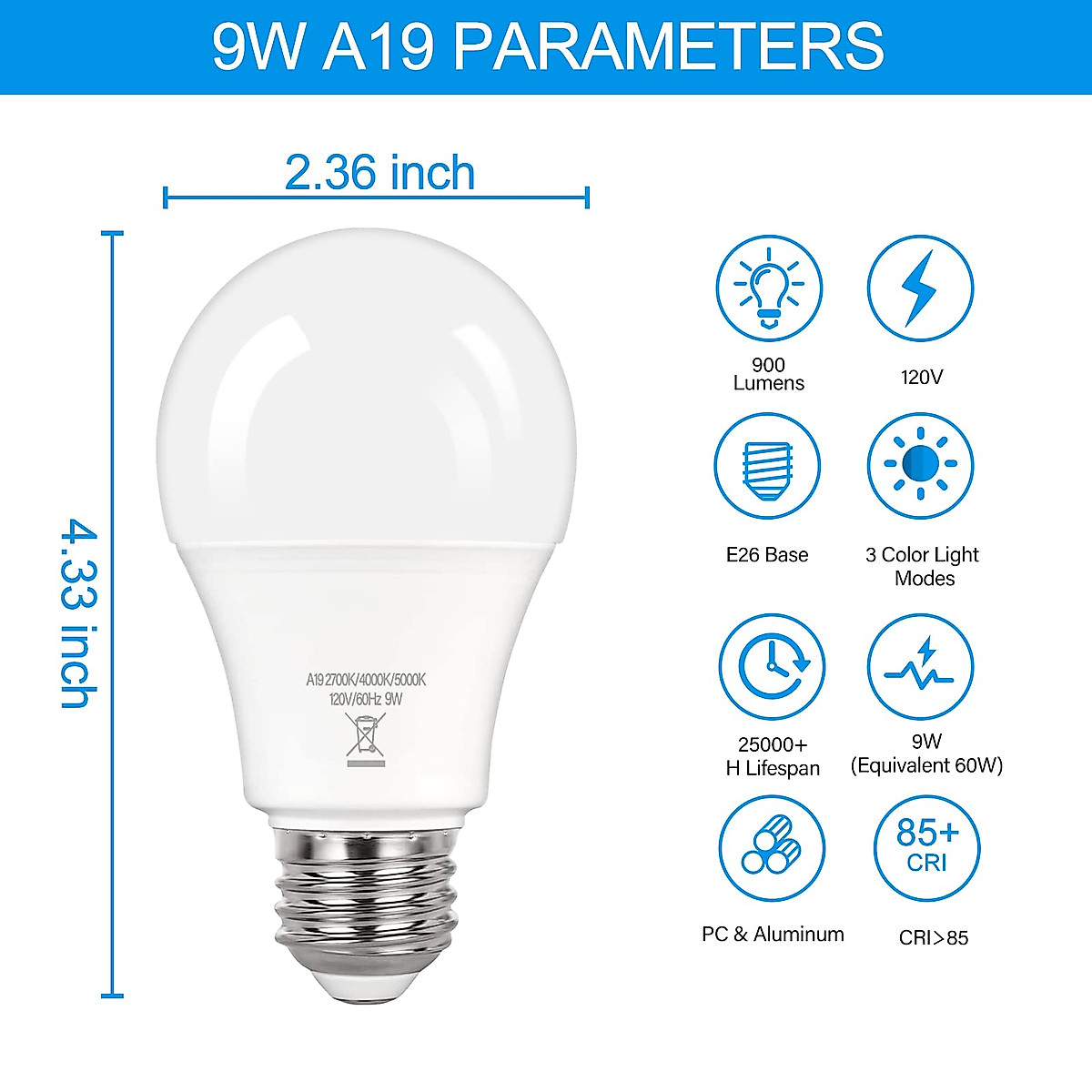 PARTPHONER A19 LED Light Bulbs, 60W Equivalent Efficient 9W LED Bulb, 3 Color Light Modes Light Bulbs, 900 Lumens, CRI 85+, 25000+ Hours Lifespan, Pack of 2
