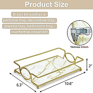 MYITYARD Vanity Tray, Bathroom Countertop Decorative Perfume Tray, Metal and Glass Tray for Jewelry, Makeup, Votive Candle Storage Organizer, 10.6" x 6.3", Gold