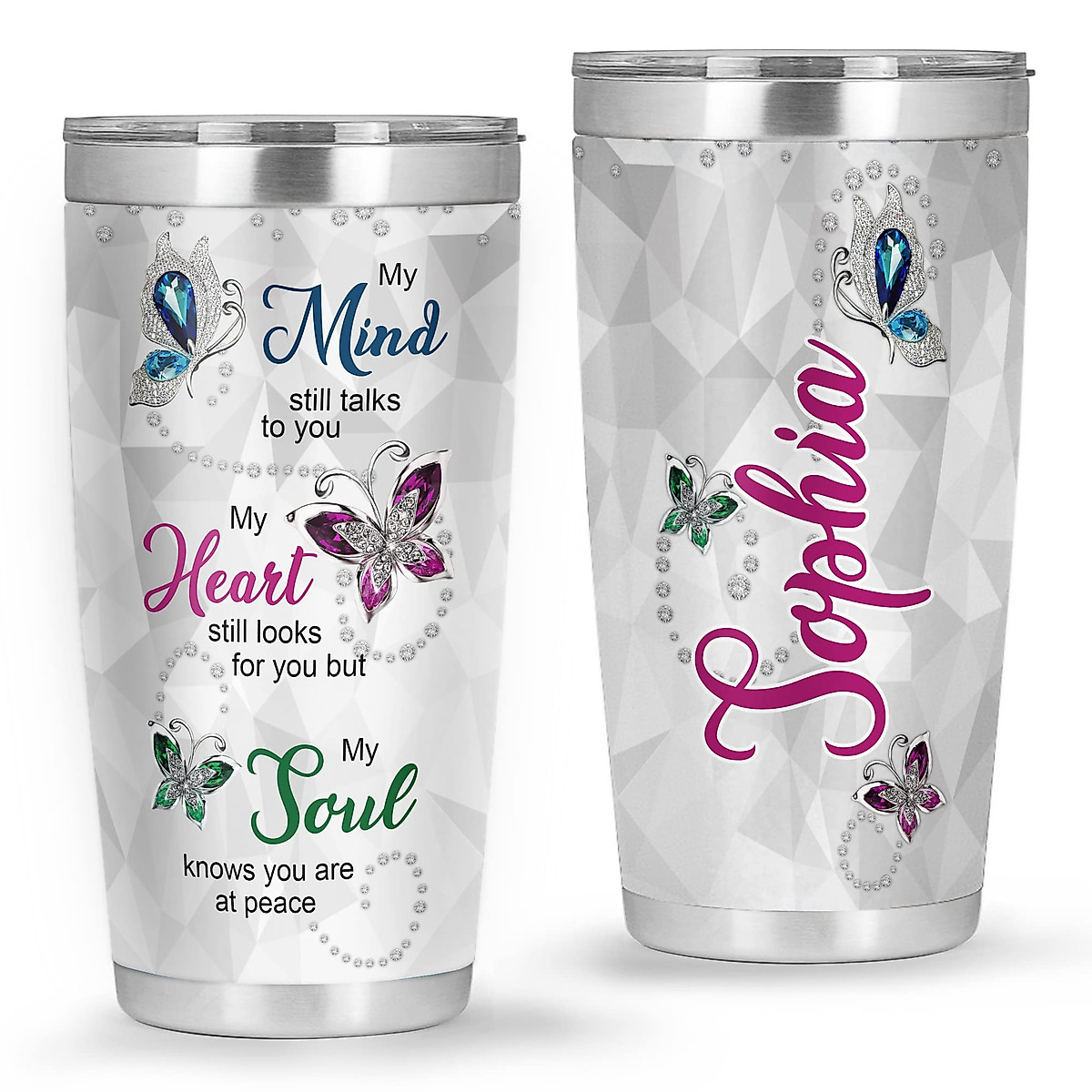Hyturtle Personalized My Mind Still Talks To You Butterfly 20Oz Stainless Steel Tumbler With Lid, Double Wall And Vacuum Sealed, Memorial Gifts For Loss Of Father Mother Wife Husband