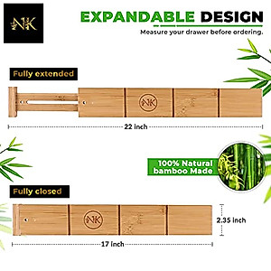 NK Home Goods Expandable Bamboo Drawer Divider (17x22 in), Adjustable Kitchen Organizer for Office, Home, and Closets. 4 Dividers 6 Inserts. (Free 12x24 Liner)