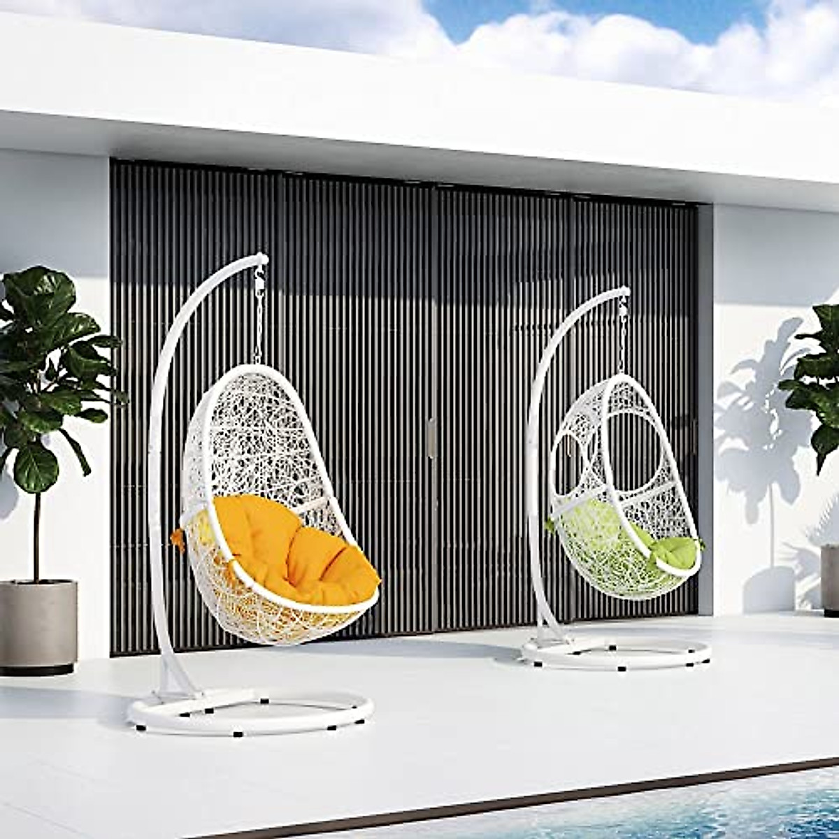 Zuri Furniture Modern Reef White Basket Swing Chair Yellow Cushion with Stand