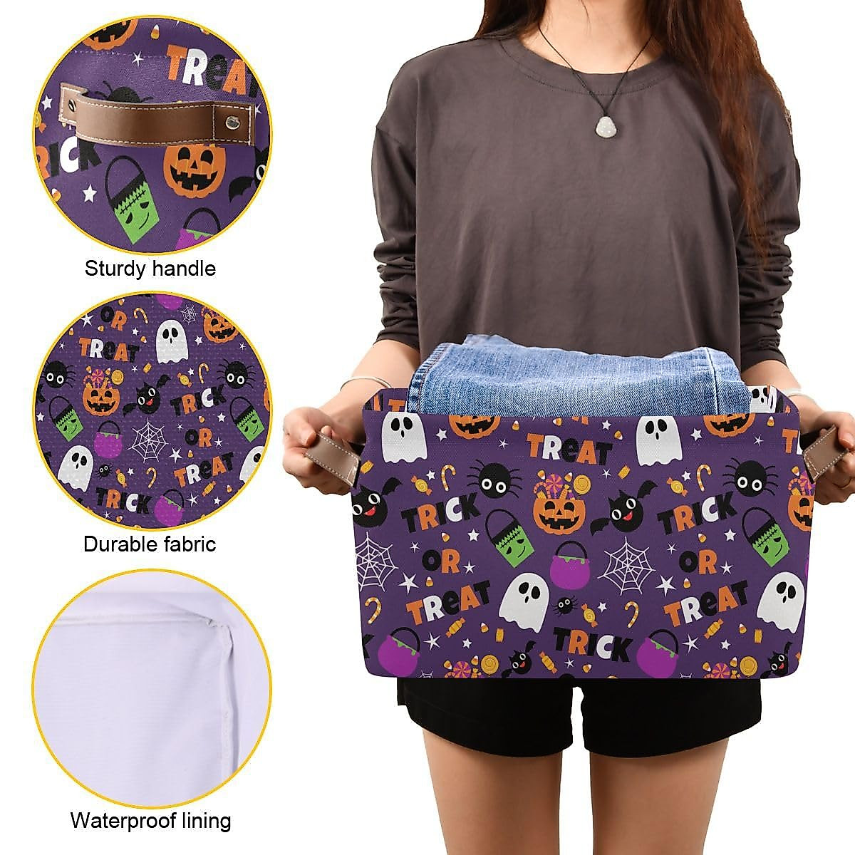 Happy Halloween Purple Storage Basket Fabric Kitchen Baskets Pumpkin Skull Ghost Bat Trick or Treat Open Home Storage Bins Boxes Foldable for Candy Toy Decorations Baskets 16×12×8 Inches