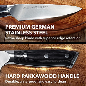 HONJO-MULLER Paring Knife 3.5 Inch - Ultra Sharp Kitchen Knife made from German Stainless Steel | Professional Small Knife for Cutting, Slicing, and Dicing Food | Fruit and Vegetable Knife