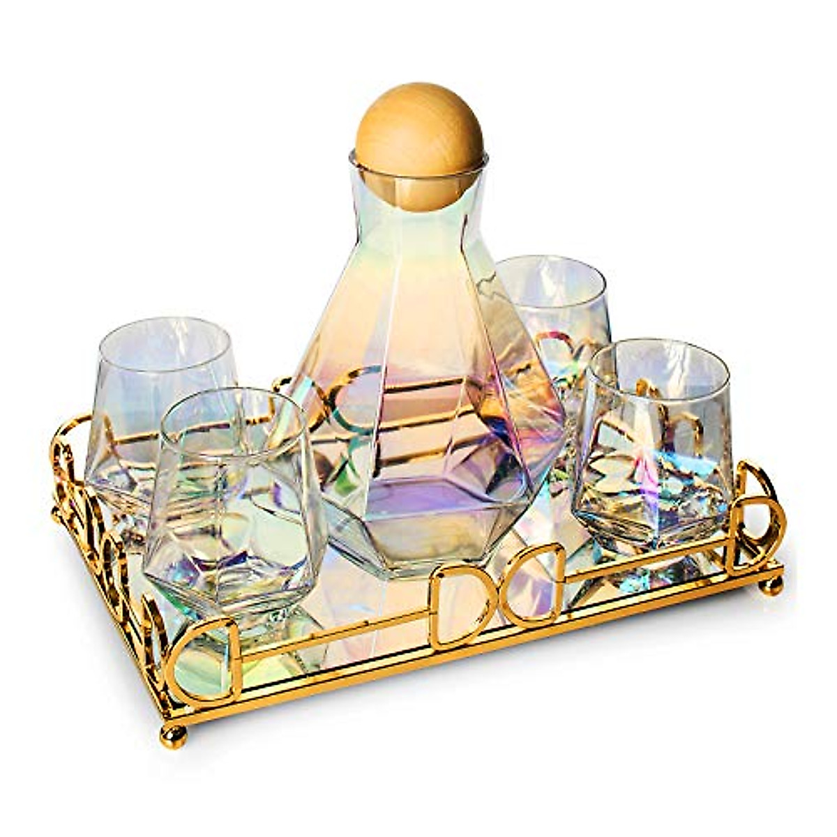 Diamond Iridescent Glass Diamond Decanter and Glasses Set, The Wine Savant Rainbow Iridescent Comes With A Diamond Decanter 4 Whiskey/Wine Diamond Glasses, 1 Tray and a Perfect Box
