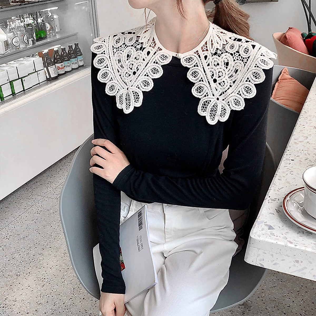 WENLOOY Retro Hollow Out Lace Floral False Collar Detachable Fake Collar for Women Girl C White
