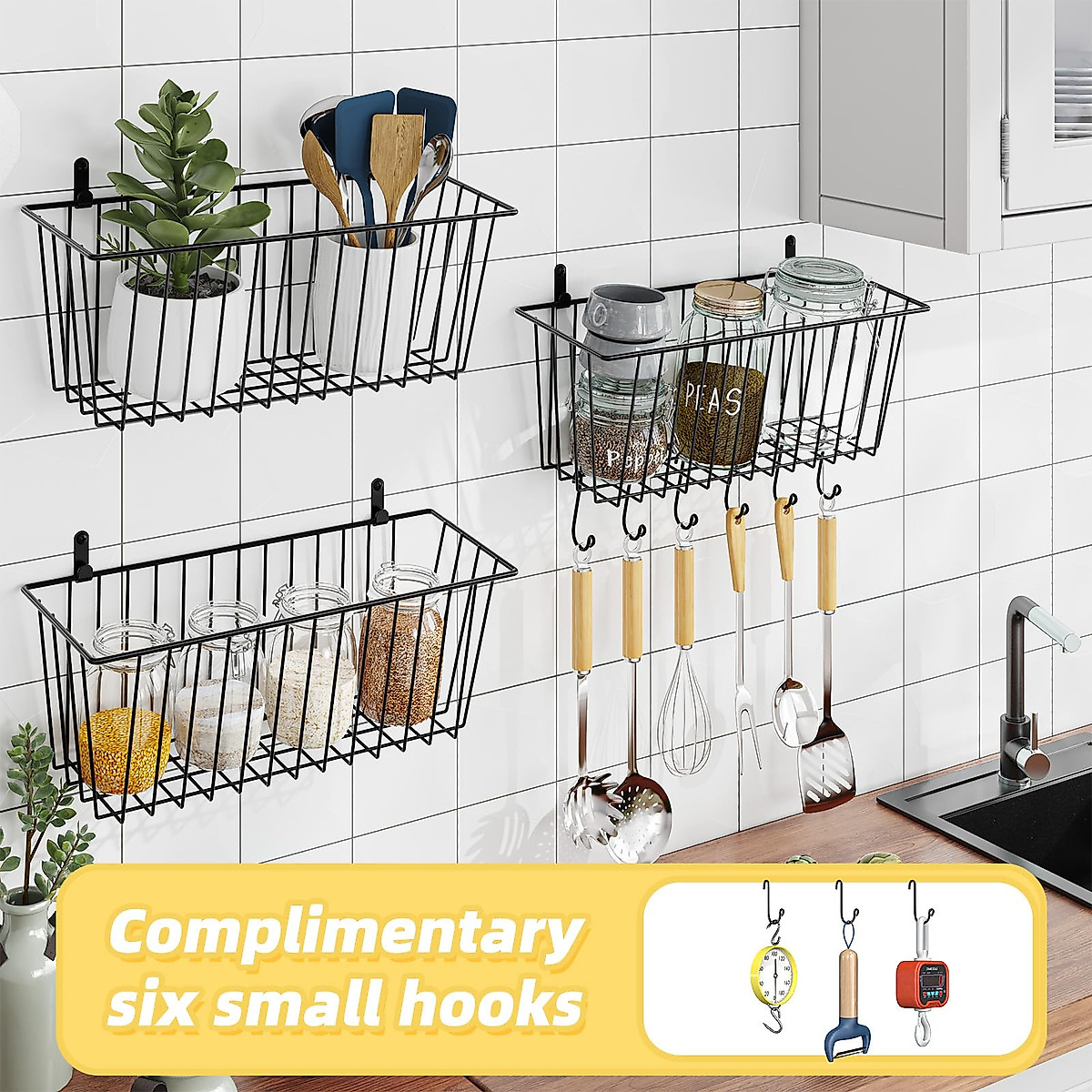 Simple Trending 6 Pack Wire Basket Locking Wall Hanging Baskets, Cabinets Organizer and Storage with Hanging Hooks for Kitchen, Garage and Bathroom