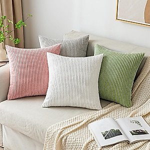 EMEMA Throw Pillow Covers Corduroy Decorative Soft Striped Square Cushion Covers Spring Pillowcases for Couch Sofa Bedroom Chair Car 18x18 Inch Pack of 2, White